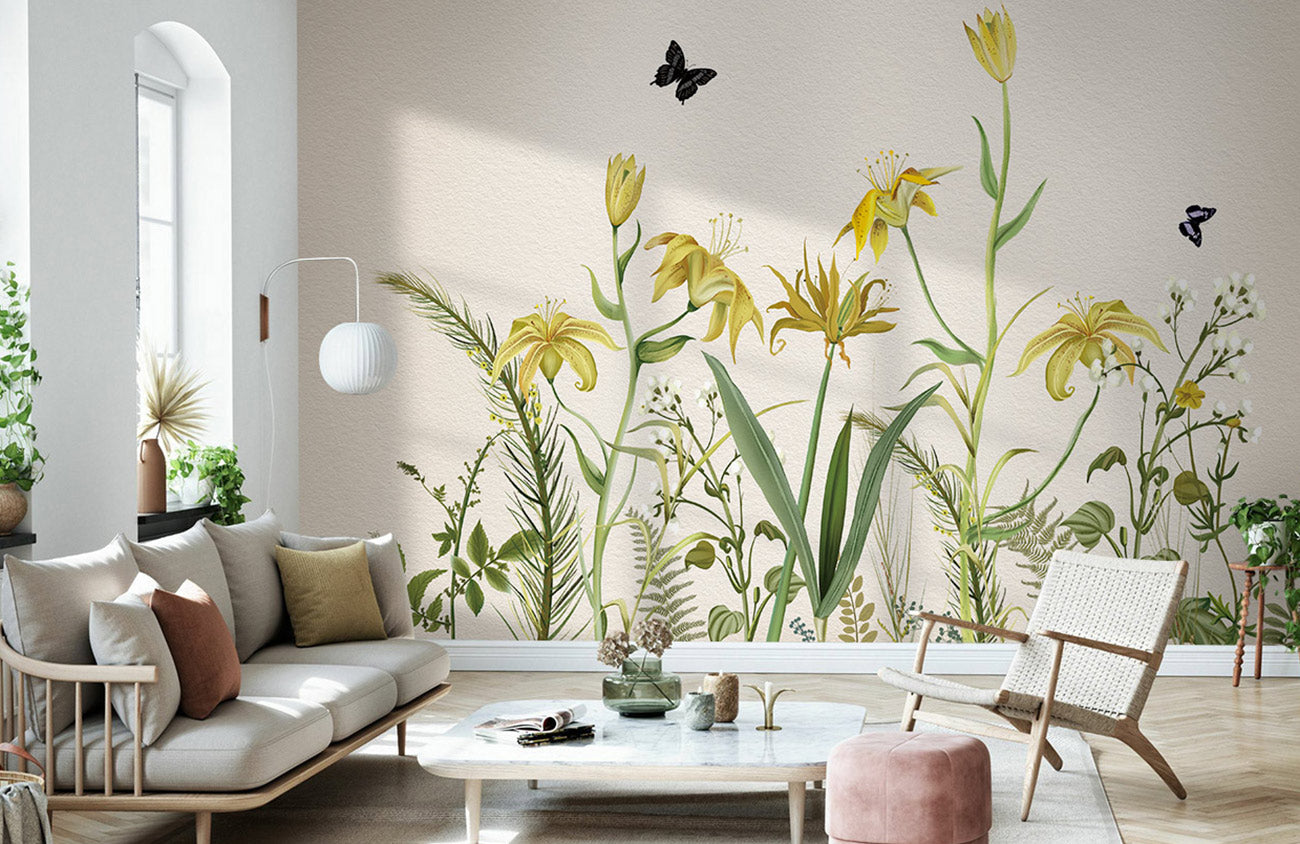 Yellow Floral Butterfly Garden Mural Wallpaper | Ever Wallpaper ...