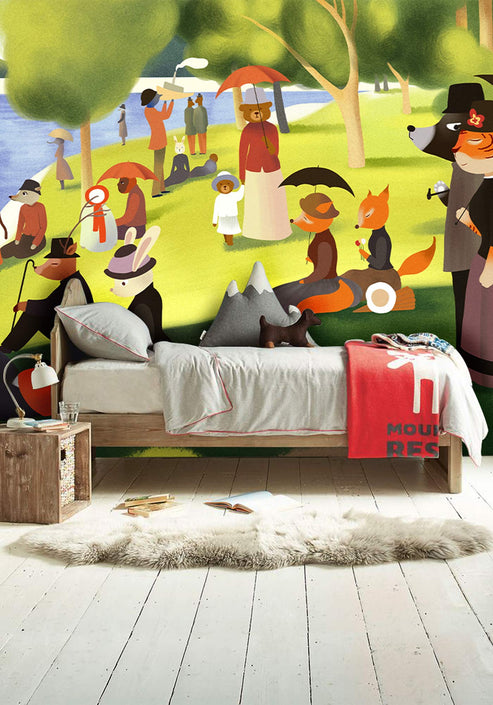Whimsical Animal Park Illustration Mural Wallpaper | Ever Wallpaper ...