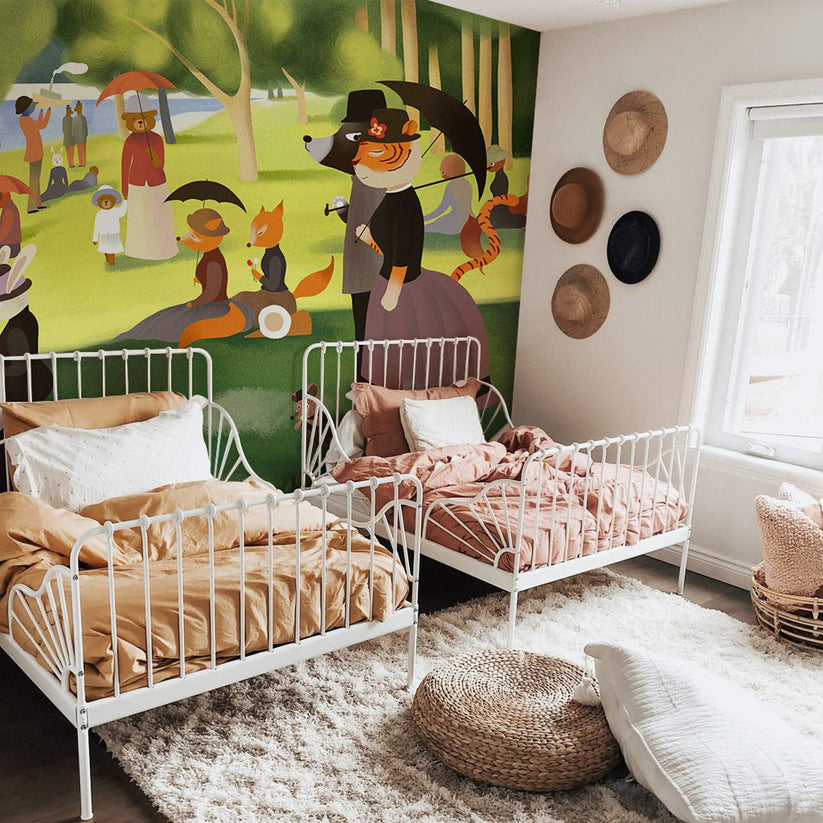 Whimsical Animal Park Illustration Mural Wallpaper | Ever Wallpaper ...