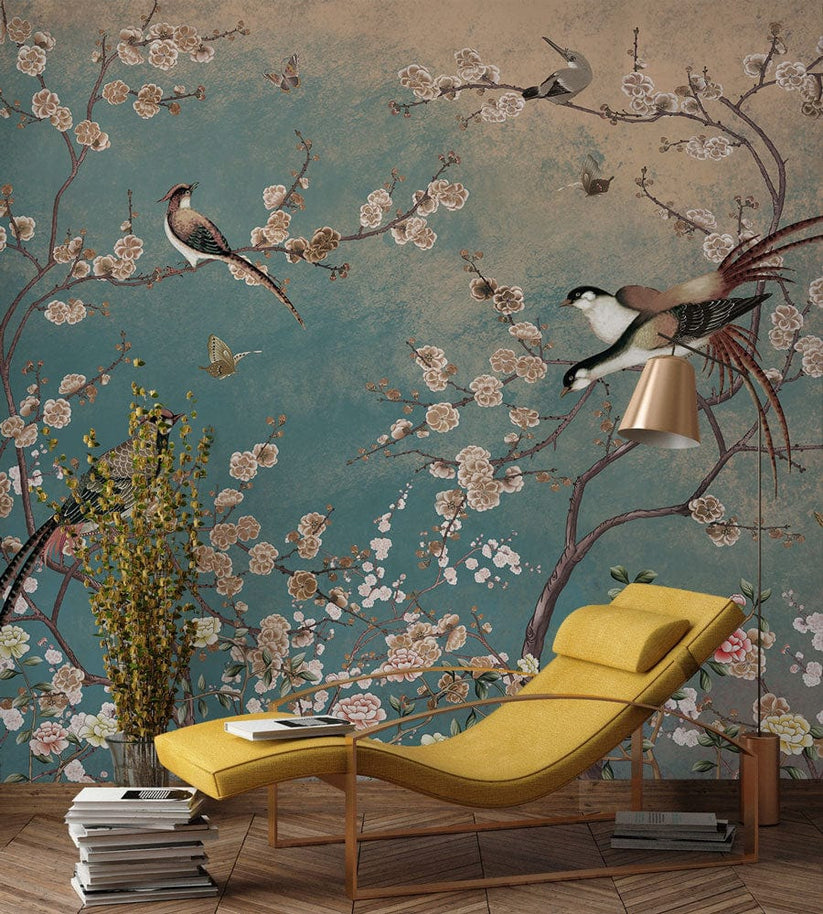 Elegant Teal Floral Bird Mural Wallpaper | Ever Wallpaper – Everwallpaper