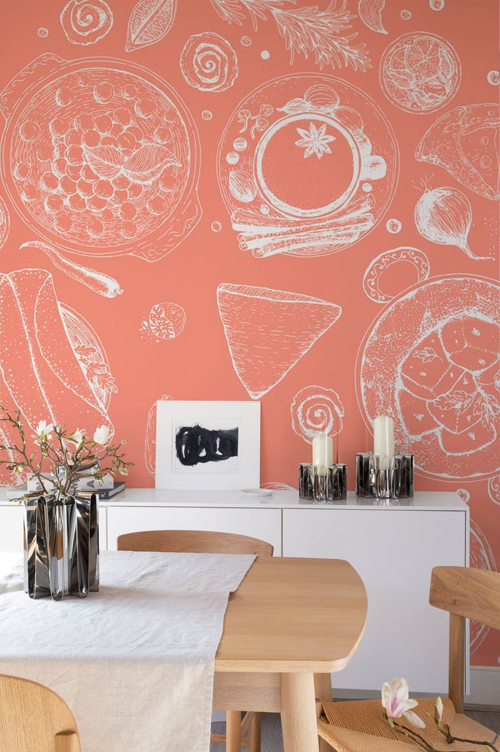 Rustic Kitchen Sketches Mural Wallpaper | Ever Wallpaper – Everwallpaper