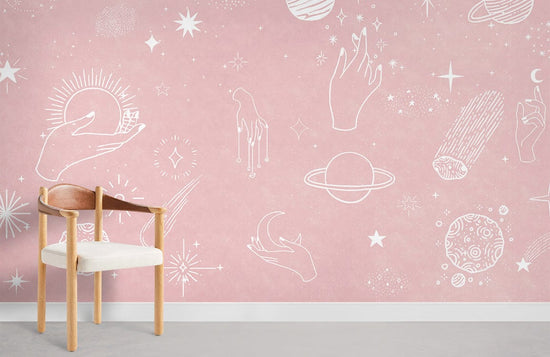 Pink Celestial Space Illustrated Mural Wallpaper | Ever Wallpaper