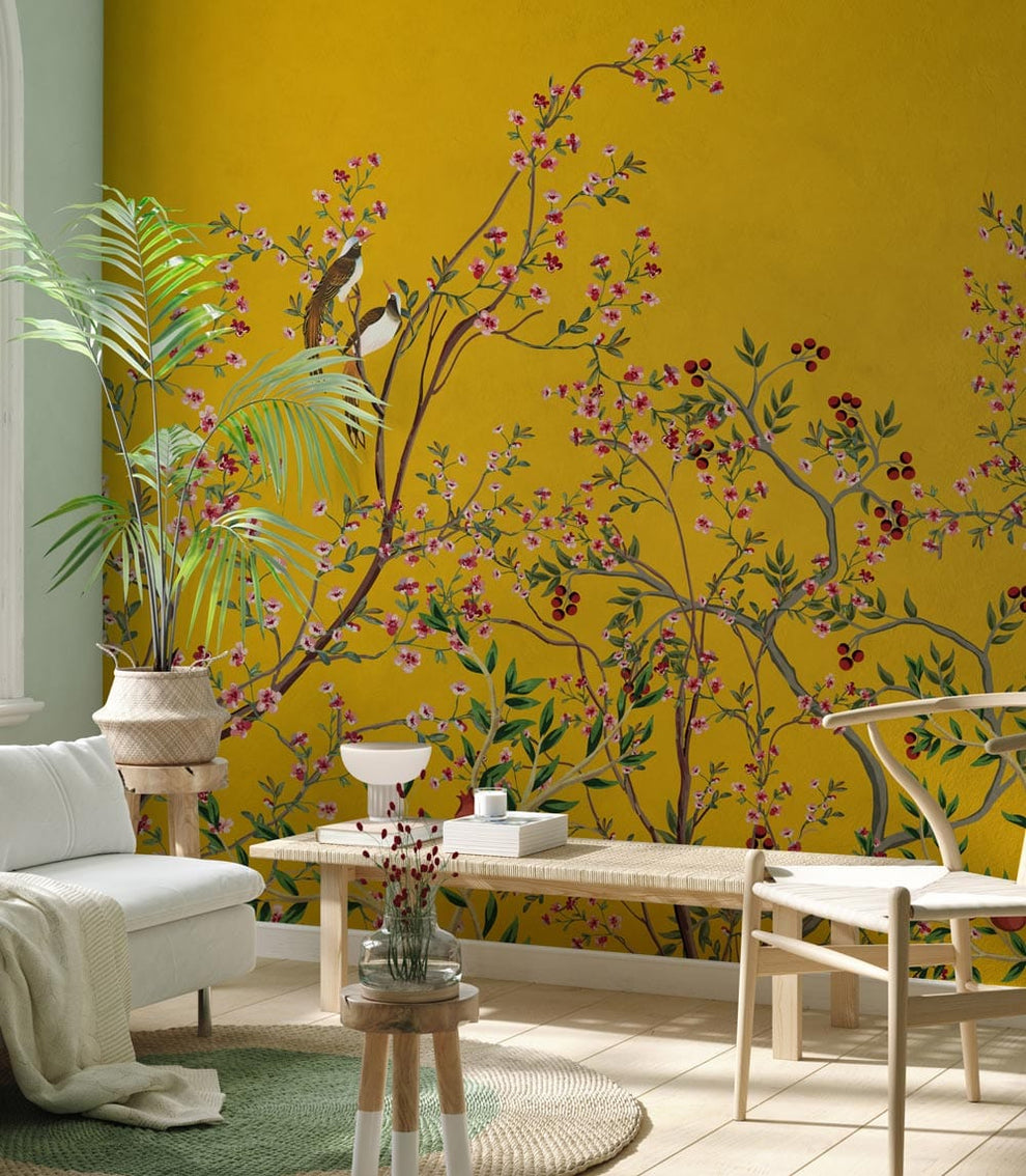 Vintage Floral Bird Yellow Mural Wallpaper | Ever Wallpaper – Everwallpaper