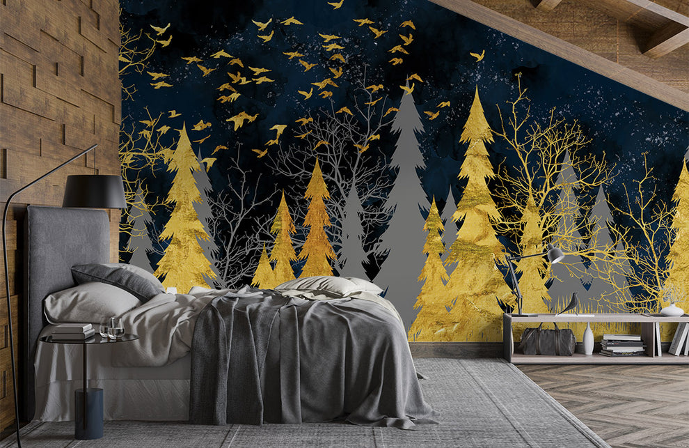 Mystical Forest Gold Black Mural Wallpaper | Ever Wallpaper – Everwallpaper