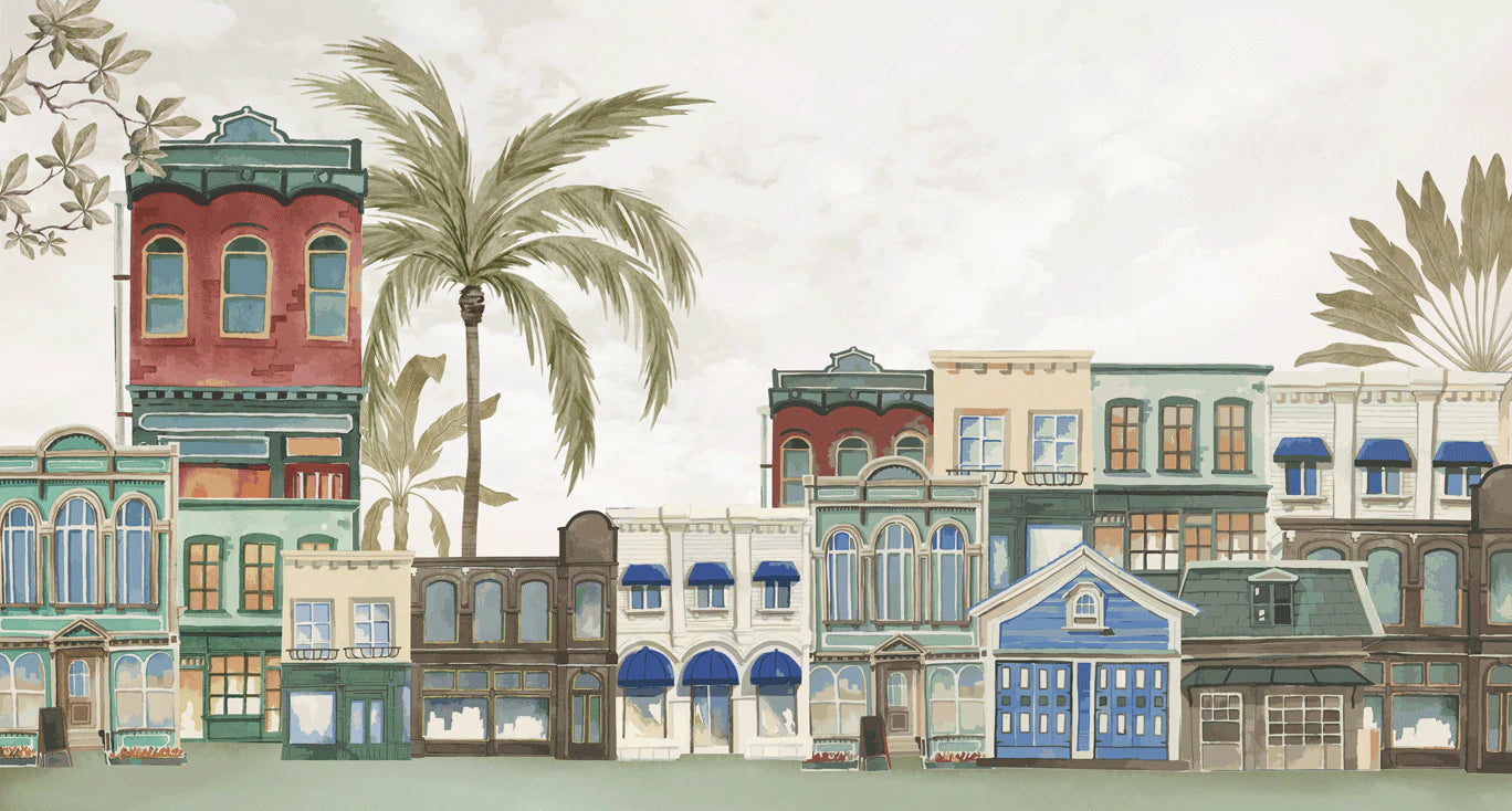 Vintage Townscape Illustrative Mural Wallpaper | Ever Wallpaper