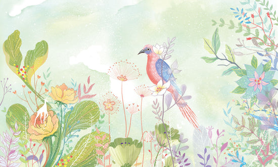 Pastel Botanical Bird Garden Mural Wallpaper | Ever Wallpaper