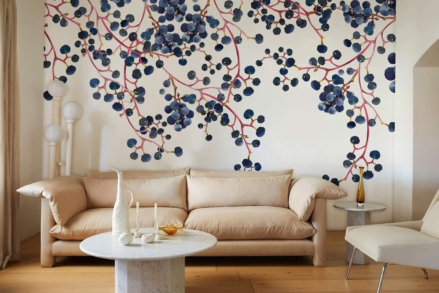 Elegant Blue Berries Branch Mural Wallpaper | Ever Wallpaper