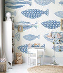 Nautical Blue Fish Pattern Mural Wallpaper | Ever Wallpaper