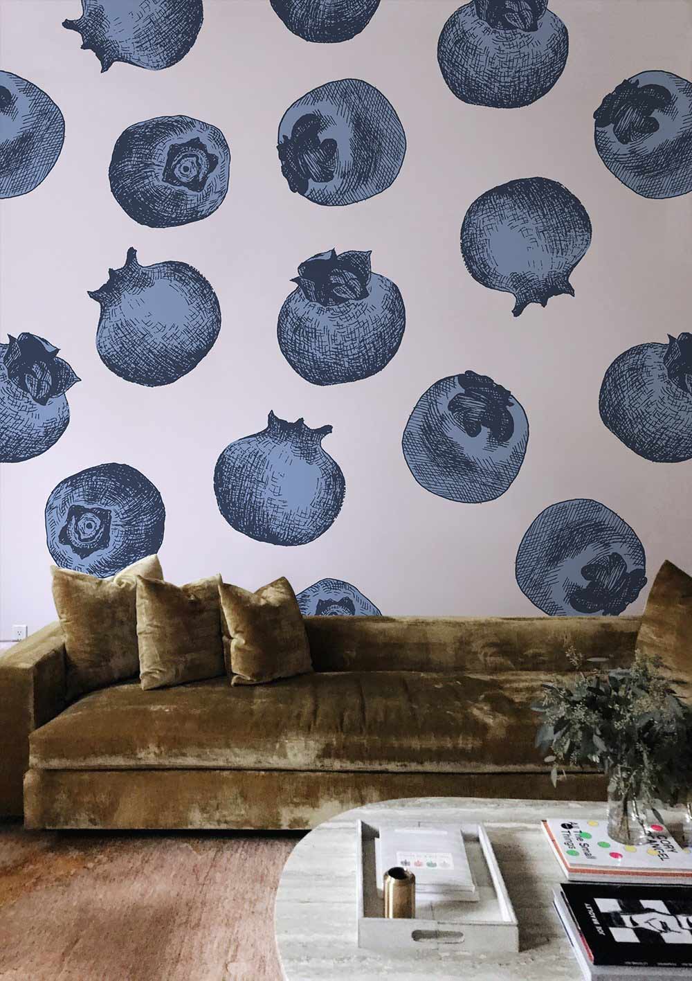 Blue Berry Pattern Pink Mural Wallpaper | Ever Wallpaper – Everwallpaper