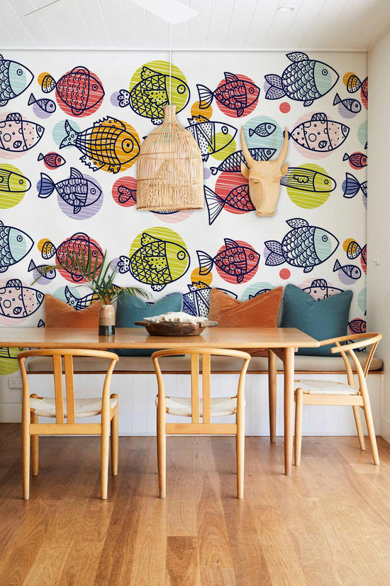 Colorful Hand-Drawn Fish Mural Wallpaper | Ever Wallpaper – Everwallpaper