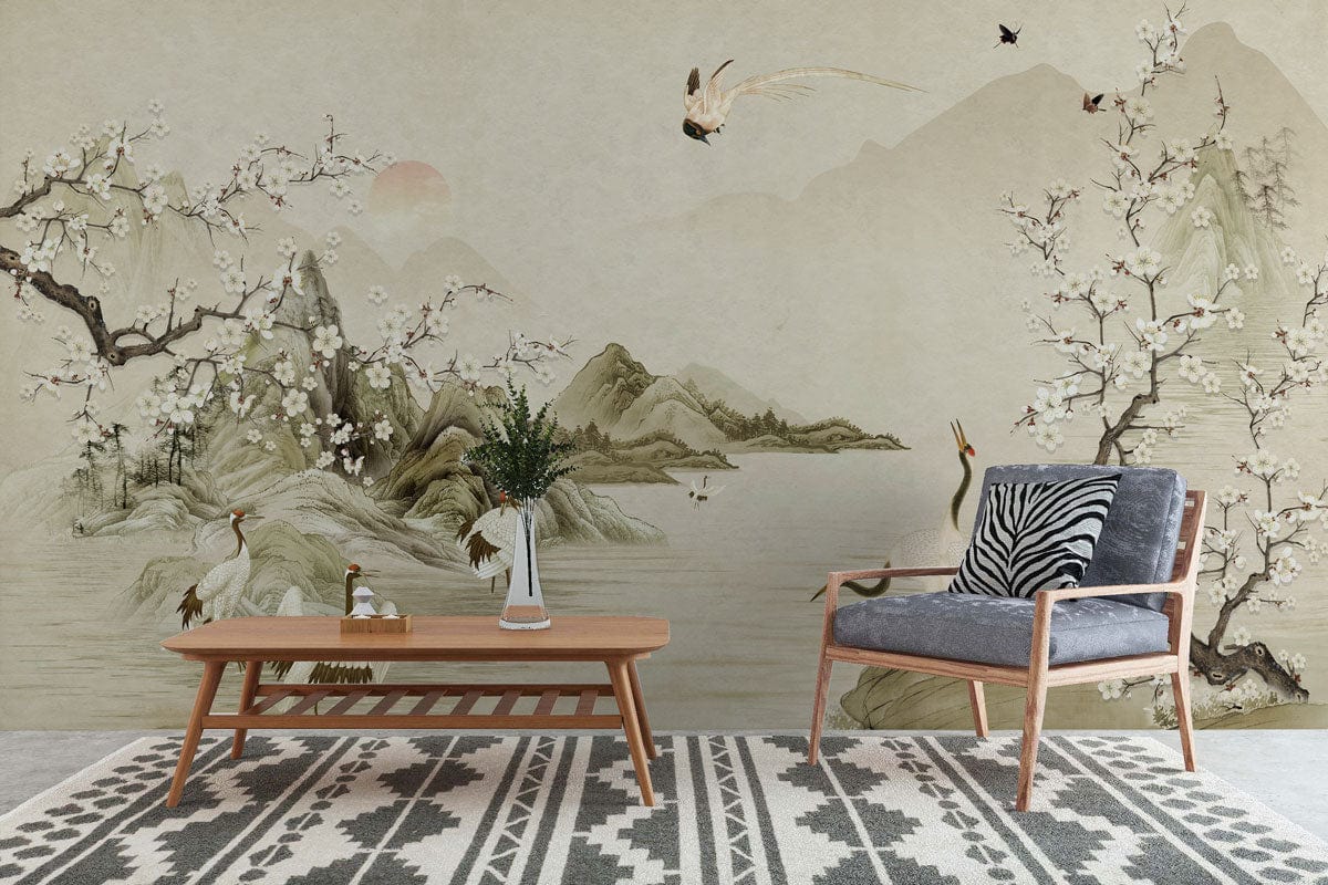 Elegant Asian Landscape Crane Mural Wallpaper | Ever Wallpaper ...