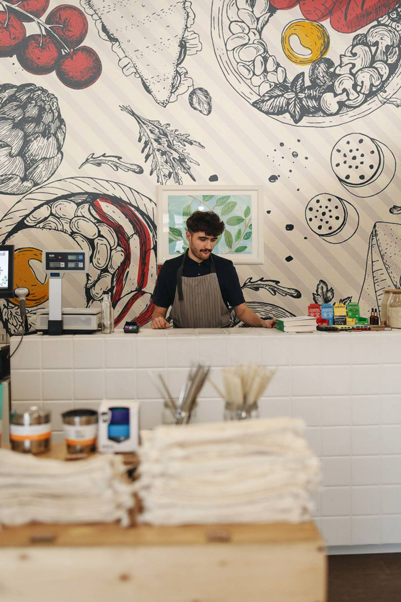 Rustic Monochrome Kitchen Sketch Mural Wallpaper | Ever Wallpaper ...