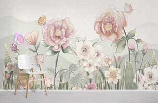 Pastel Floral Garden with Butterflies Wallpaper Mural | Ever Wallpaper ...