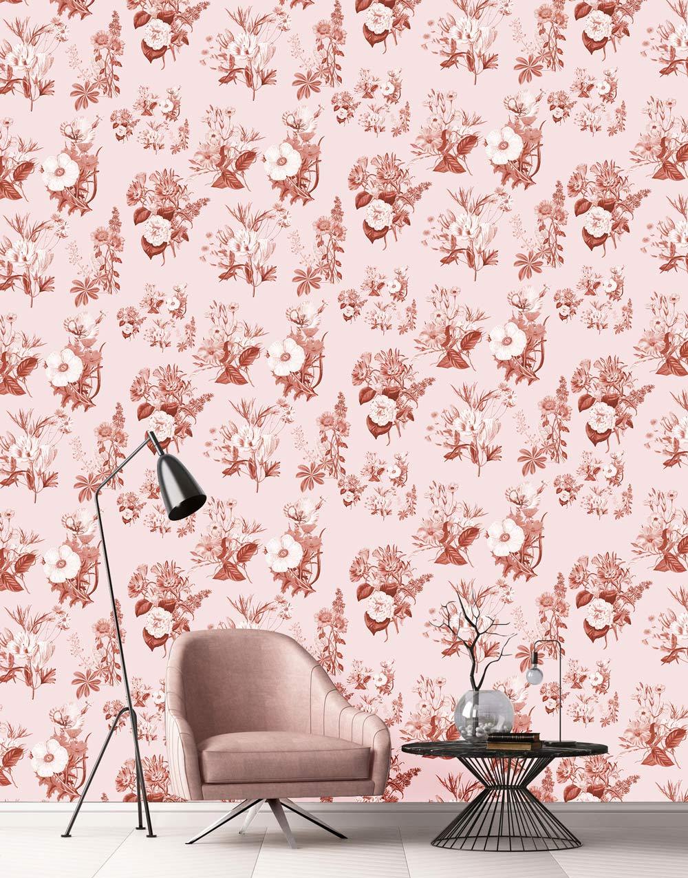 Whimsical Pink Floral Pattern Mural Wallpaper | Ever Wallpaper ...