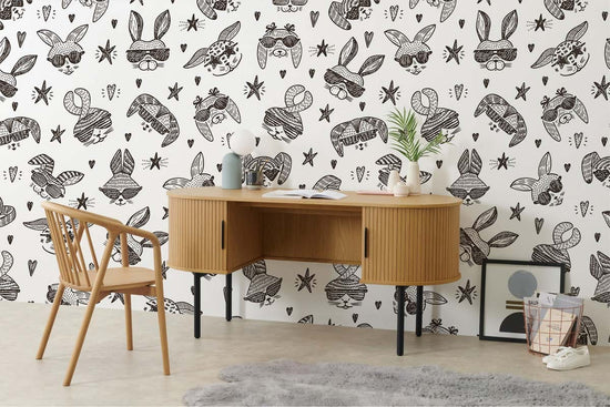 Whimsical Black and White Rabbit Mural Wallpaper | Ever Wallpaper ...