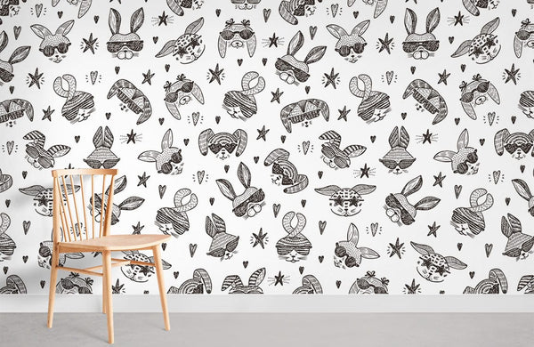 Whimsical Black and White Rabbit Mural Wallpaper | Ever Wallpaper ...
