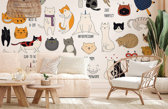 Whimsical Cat Illustration Wallpaper Mural | Ever Wallpaper