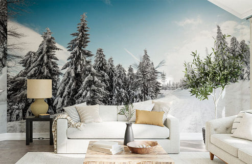 Serene Snowy Forest Landscape Mural Wallpaper | Ever Wallpaper ...